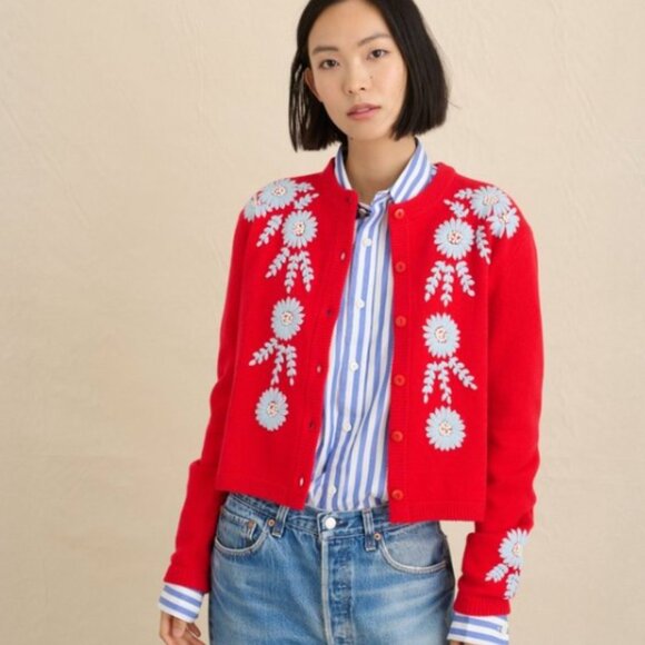 Alex Mill | Sweaters | Alex Mill Becca Embroidered Cardigan Red Combo ...